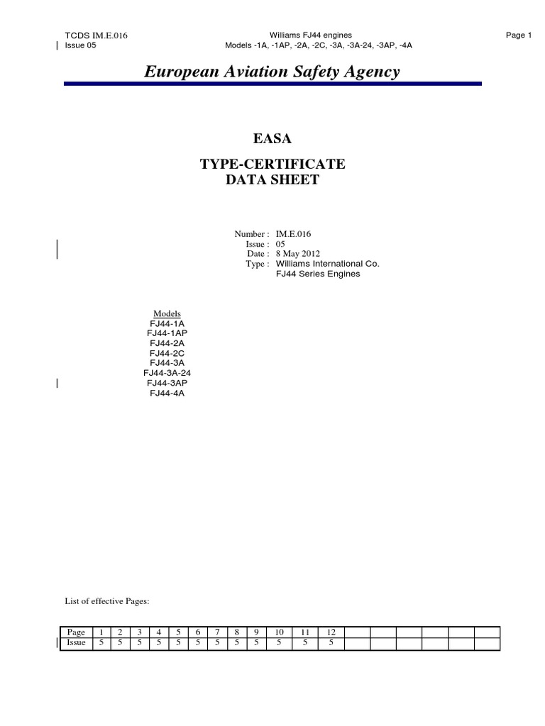 EASA-TCDS-E.016 (IM) Williams International FJ44 Series Engines-05 ...