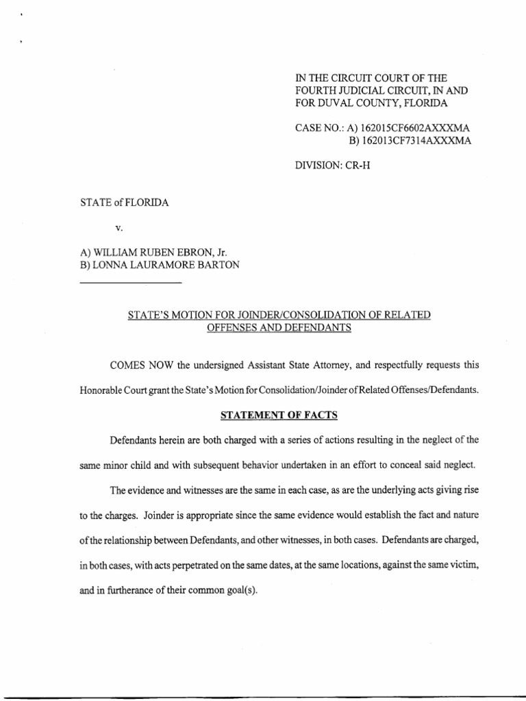William Ebron State s Motion For Joinder PDF Joinder Conspiracy