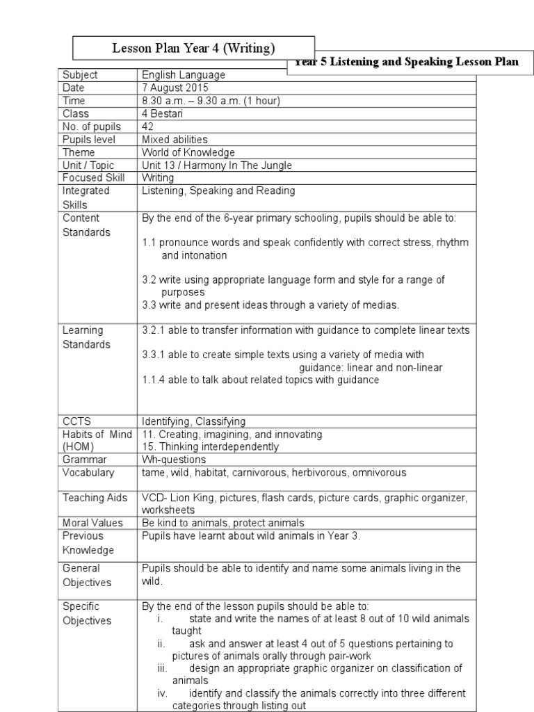 Year 5 Listening and Speaking Lesson Plan | Download Free PDF ...
