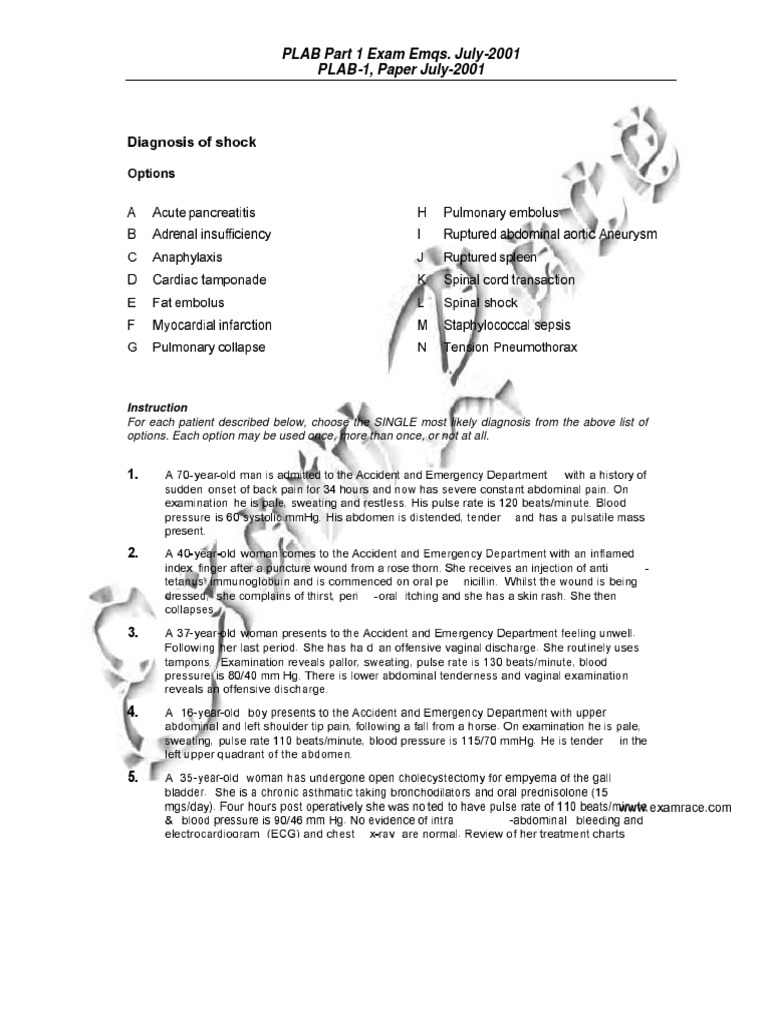 PLAB Part I Paper July 2001 | PDF | Neurological Disorders | Nervous System
