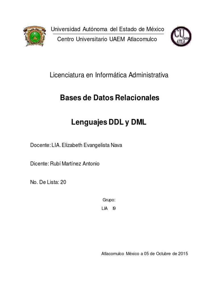 Tarea 8 DDL y DML | PDF | SQL | Bases de datos