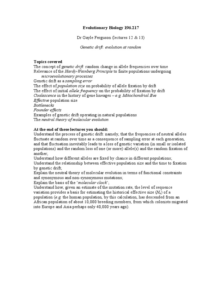 Genetic Drift: Evolution at Random: Evolutionary Biology 196.217 | PDF ...