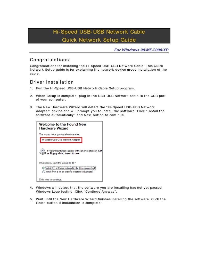 Hi-Speed USB-USB Network Cable Quick Network Setup Guide ...