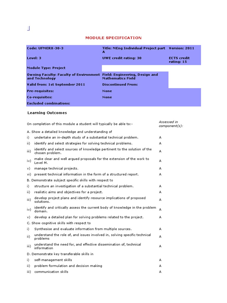 UFMERX-30-3 MEng Individual Porject Part A | PDF | Thesis | Educational ...