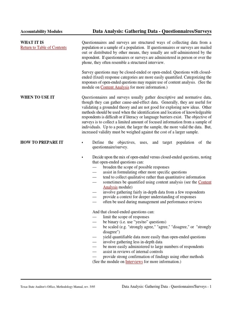 Data Analysis: Gathering Data - Questionnaires/Surveys: Return To Table ...