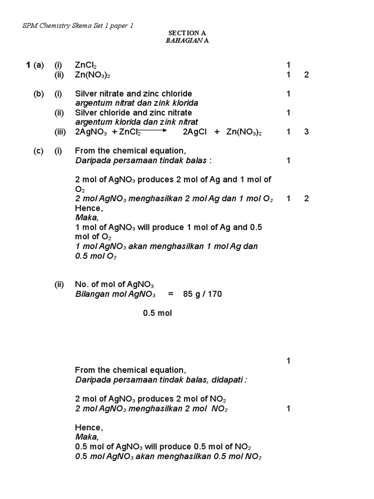 SPM Chemistry Skema Set 1 Paper 1: Bahagian A | PDF
