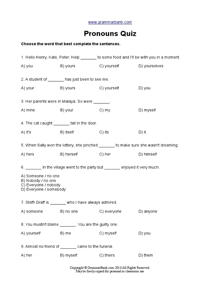 Pronouns Quiz: Choose The Word That Best Complete The Sentences | PDF ...