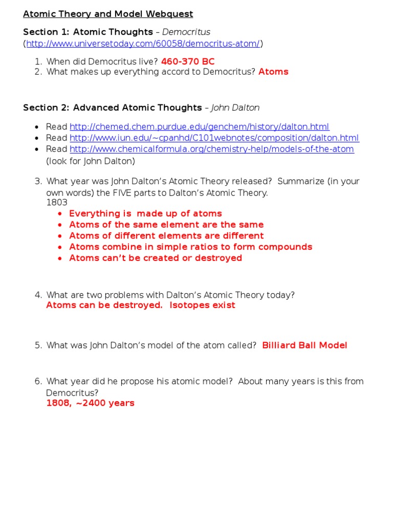 WS - Atom Webquest KEY | PDF | Atoms | Electron