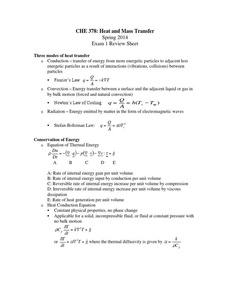 CHE 378: Heat and Mass Transfer: Spring 2014 Exam 1 Review Sheet | PDF ...