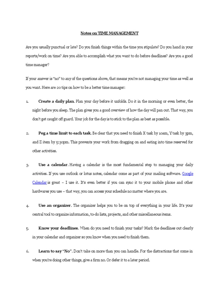 Notes On Time Management | PDF | Time Management | Professional Skills