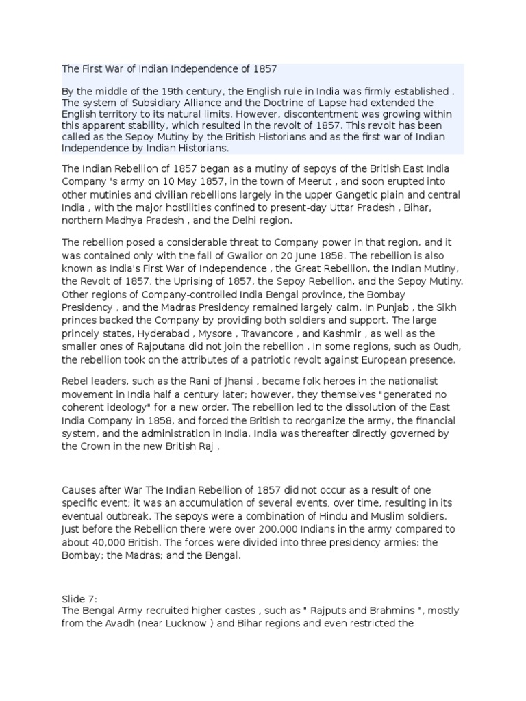 The First War of Indian Independence of 1857 - 01 | PDF | Indian ...