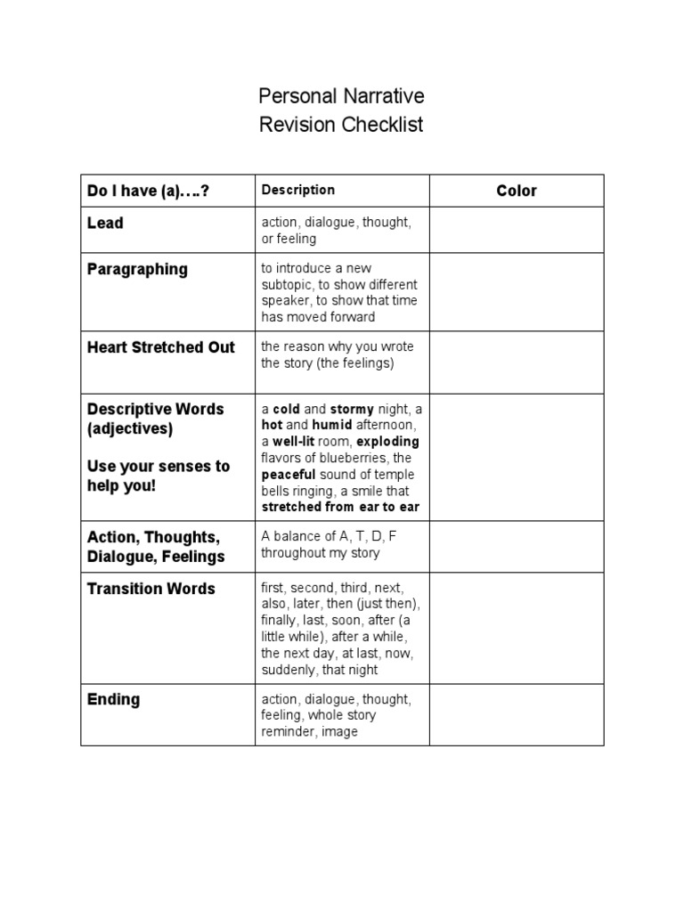 Personal Narrative Revision Guide | PDF | Language Arts & Discipline