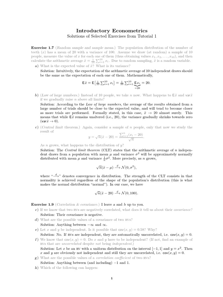 Introductory Econometrics: Solutions of Selected Exercises From Tutorial 1 | PDF | Covariance ...