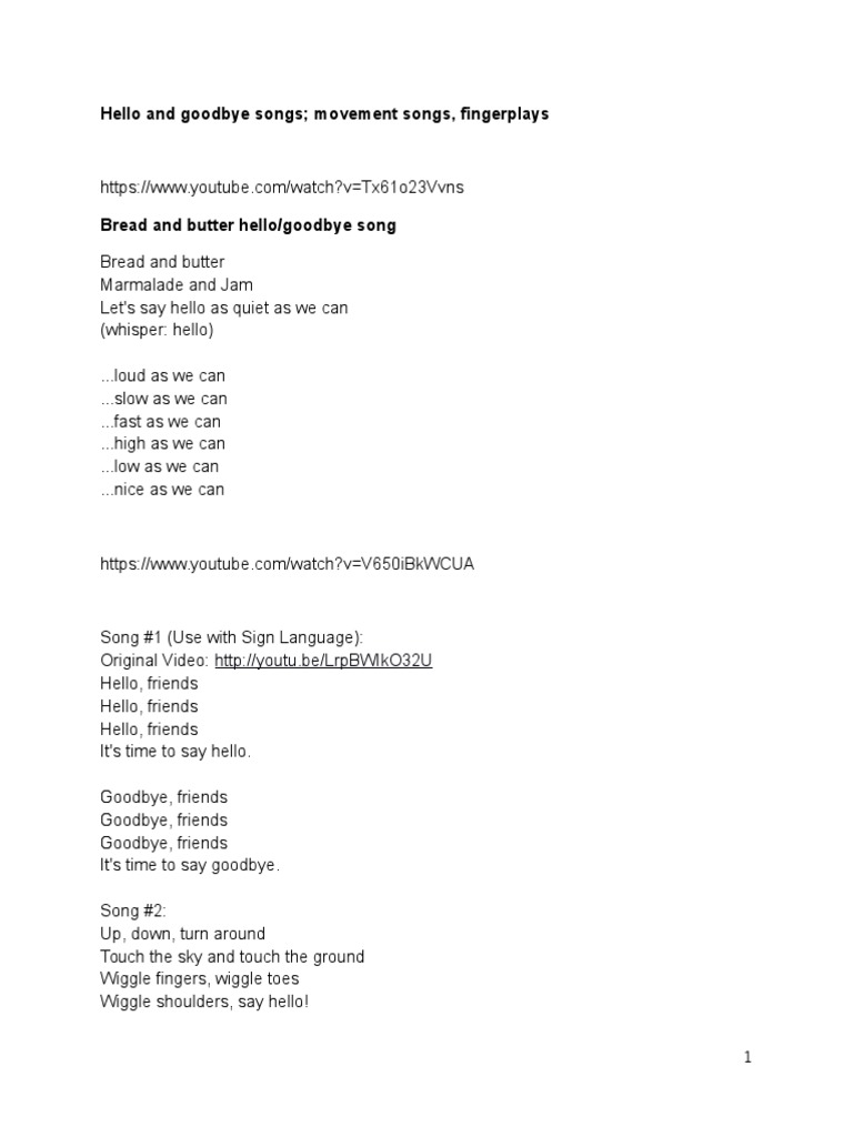 Hello and Goodbye Songs, Movement Songs and Fingerplays | PDF | Leisure ...