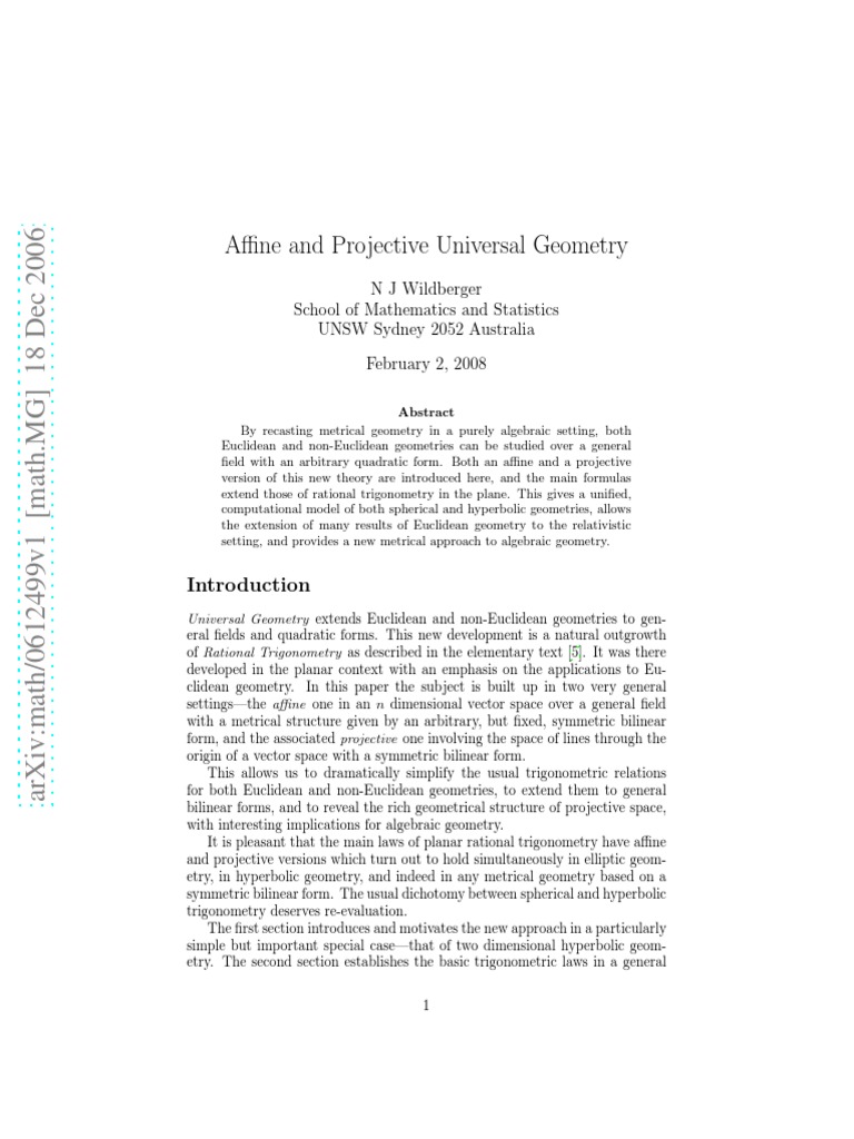 Affine and Projective Universal Geometry | PDF | Hyperbolic Geometry ...