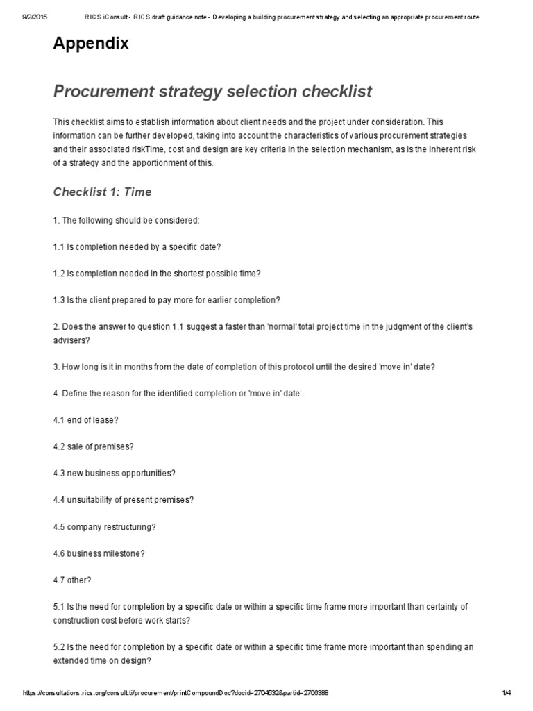 Procurement strategy selection checklist: Appendix
