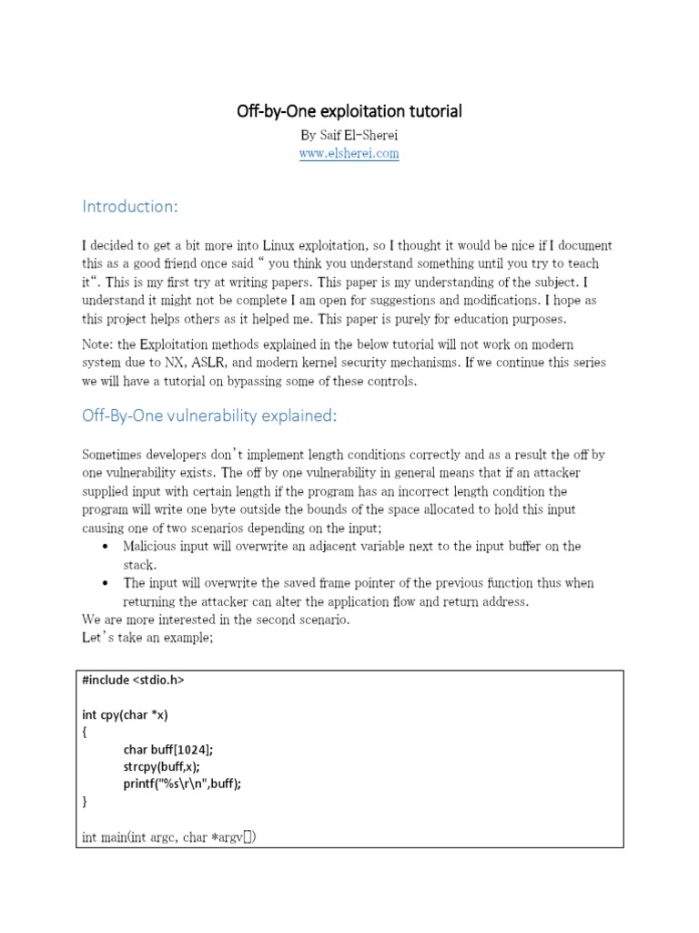 Off By One Exploitation Tutorial Pdf Pointer Computer Programming String Computer Science 3572