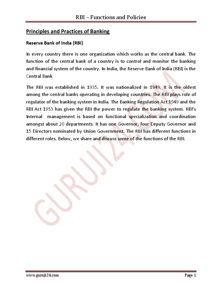 Principles and Practices of Banking: RBI - Functions and Policies | PDF ...