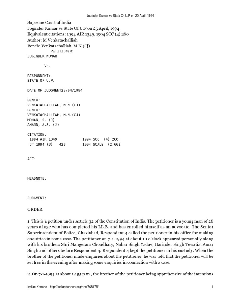 Joginder Kumar Vs State of U.P On 25 April, 1994 | PDF | Arrest ...