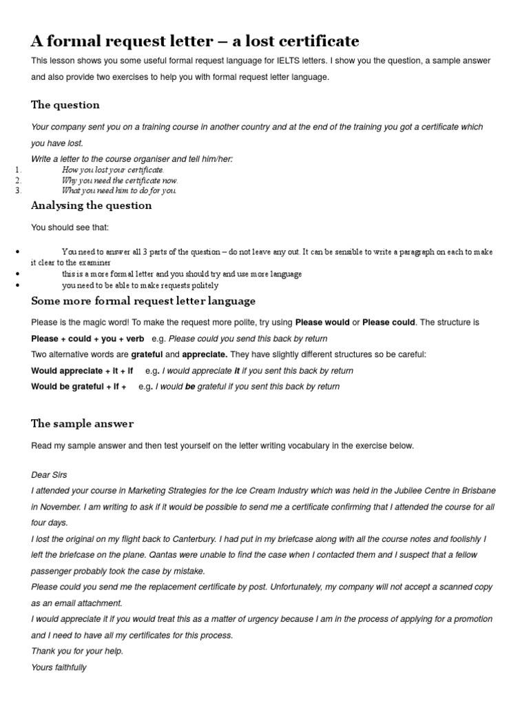 A Lost Certificate - Request Letter | PDF