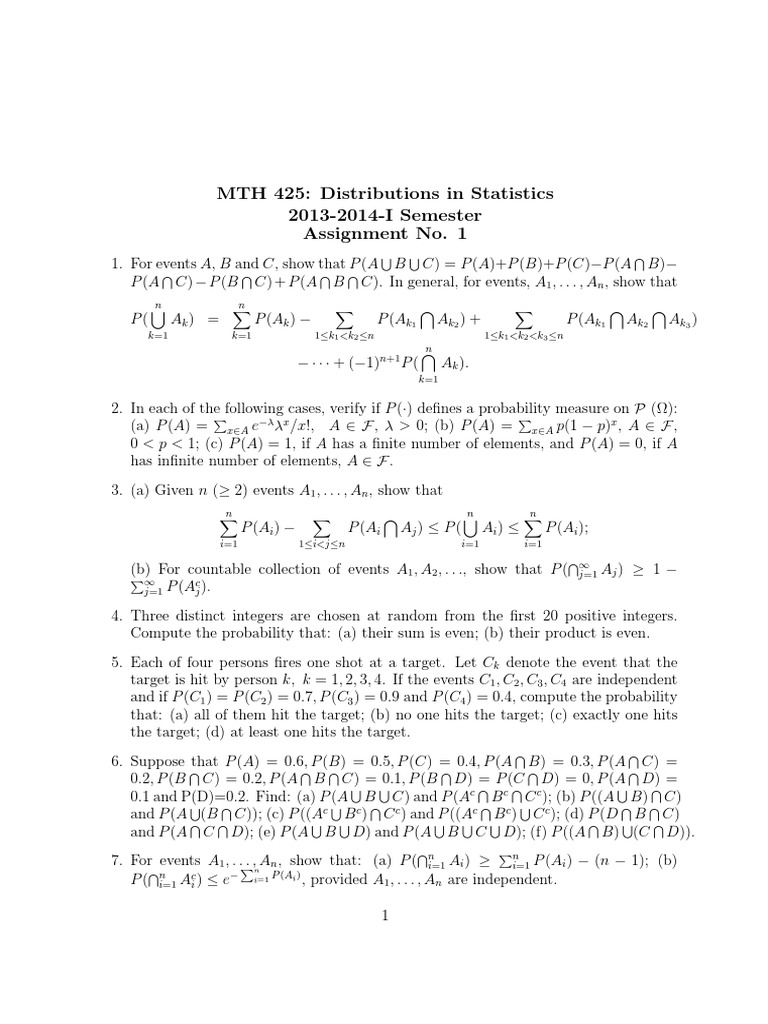 MTH 425: Distributions in Statistics 2013-2014-I Semester Assignment No ...