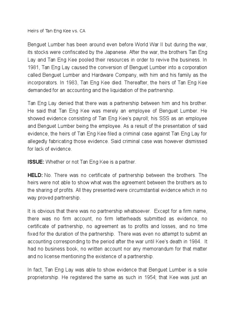 Heirs of Tan Eng Kee Vs CA | PDF | Partnership | Sole Proprietorship