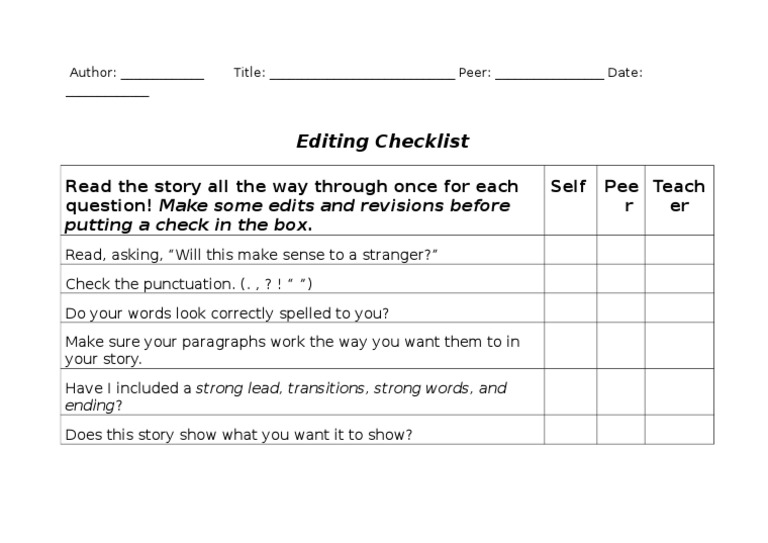 Story Editing Checklist Guide | PDF | Language Arts & Discipline | Self ...
