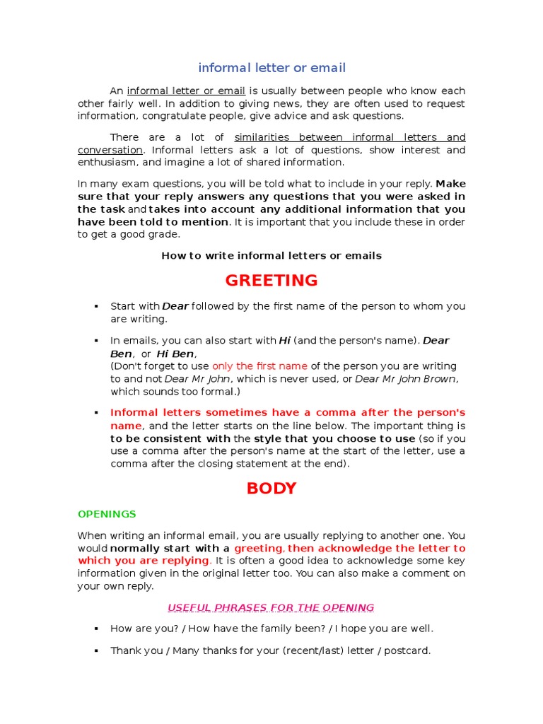 Informal Letter or Email | Download Free PDF | Question | Linguistics