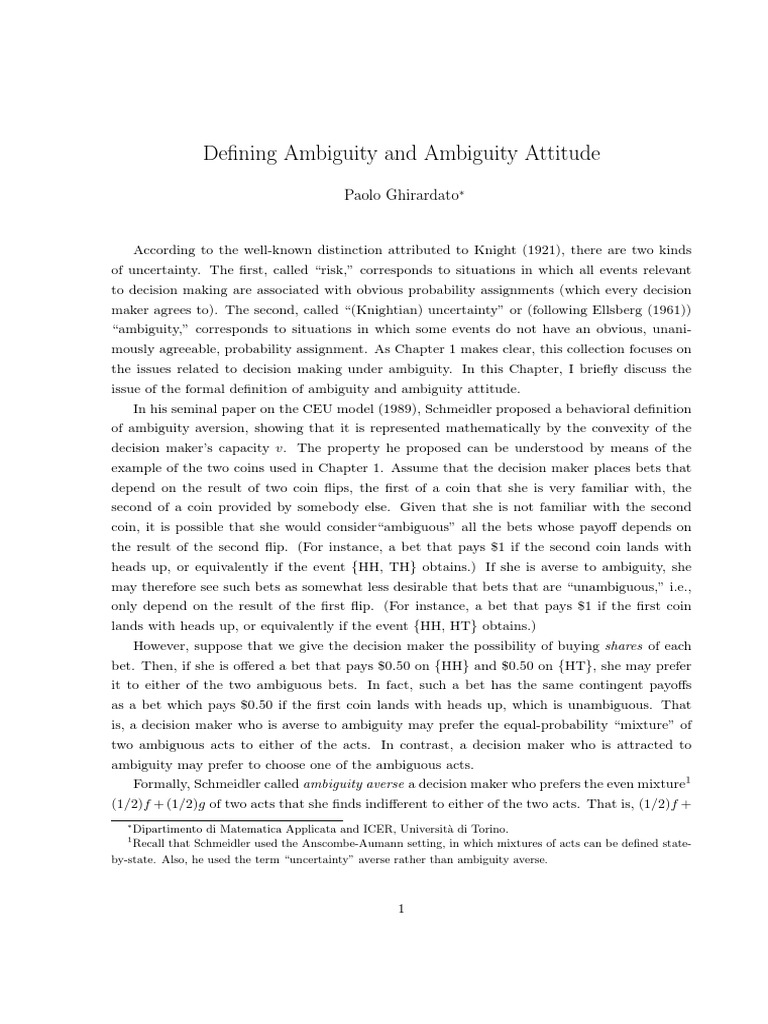 Defining Ambiguity and Ambiguity Attitude: Paolo Ghirardato | PDF ...