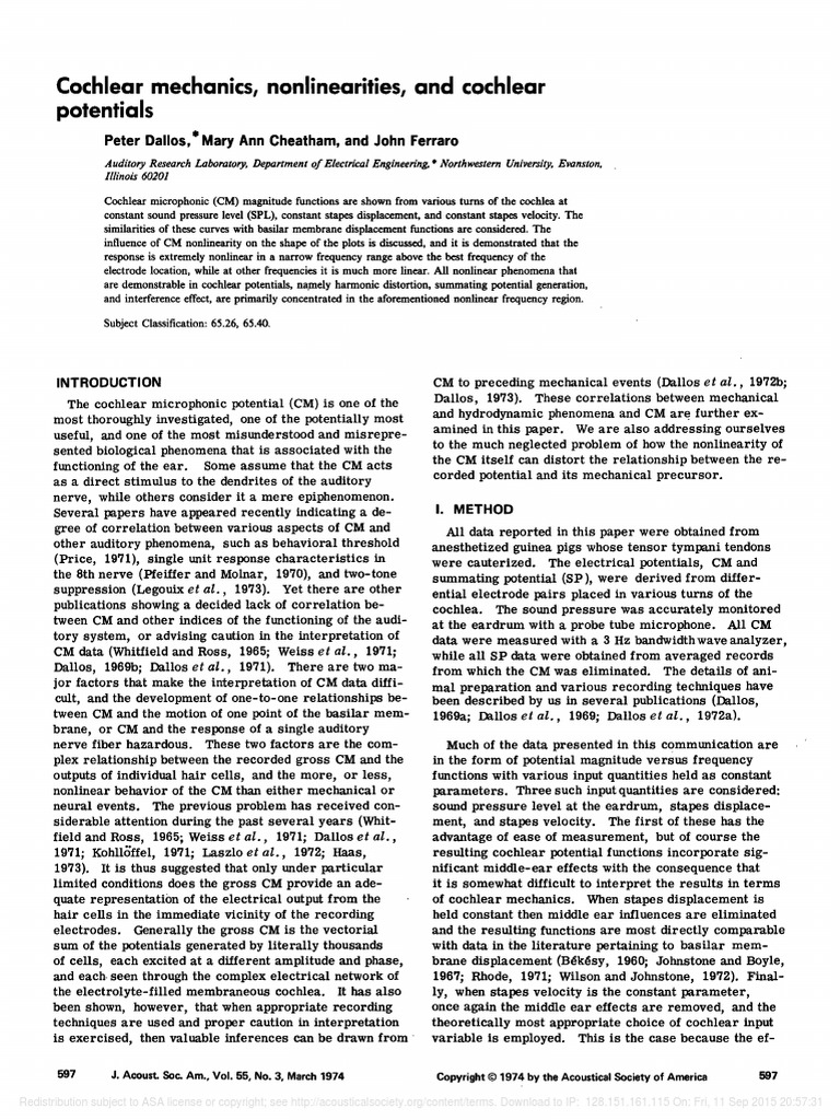 Cochlear Mechanics, Nonlinearities and Cochlear Potentials | PDF ...