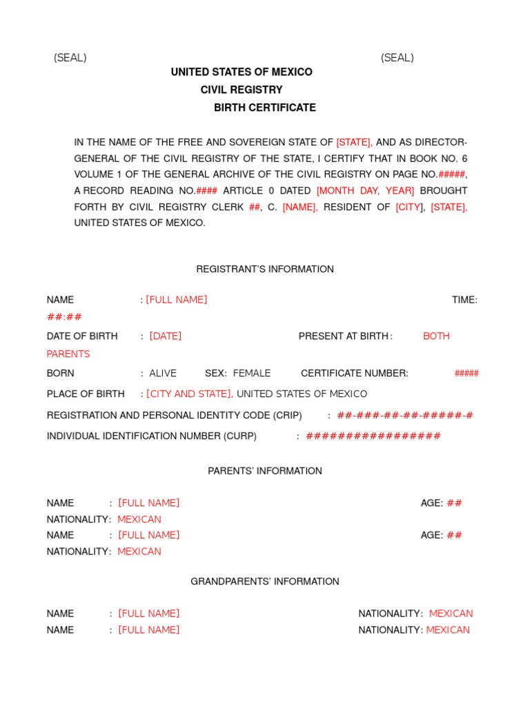 Mexican Birth Certificate Template | PDF | Birth Certificate | Nationality