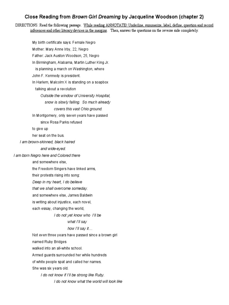 Close Reading From by Jacqueline Woodson (Chapter 2) : Brown Girl ...