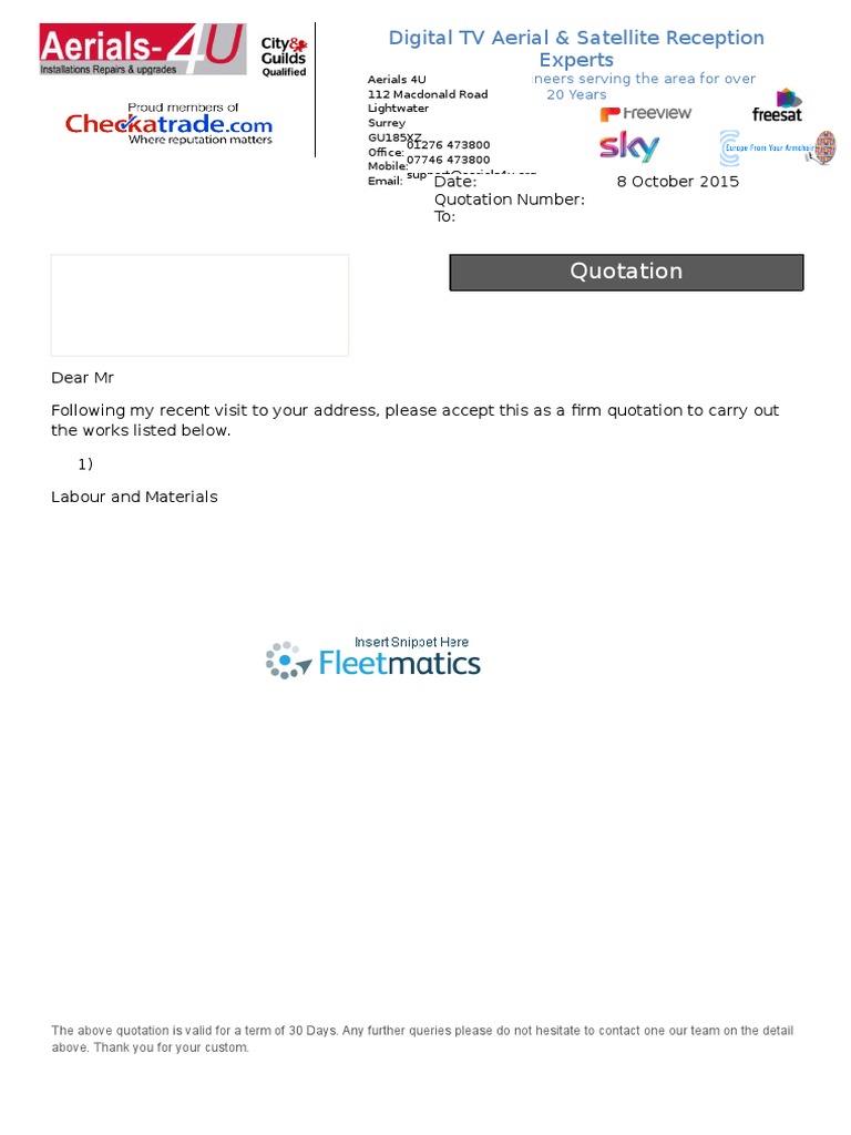 Quotation: Digital TV Aerial & Satellite Reception Experts | PDF | Business