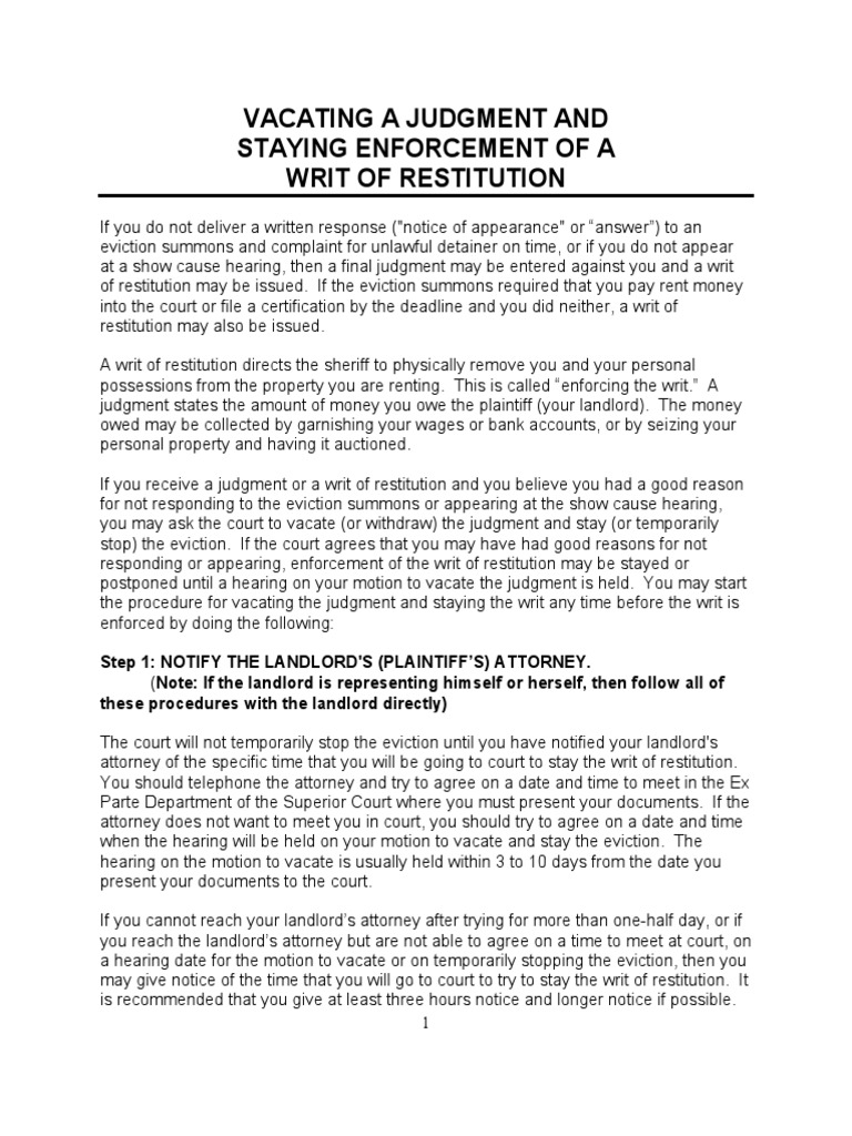 Stay Enforcement of Writ of Restitution | PDF | Law