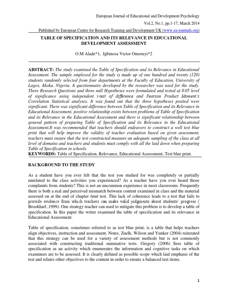 Importance of Table of Specification in Education | PDF | Educational ...
