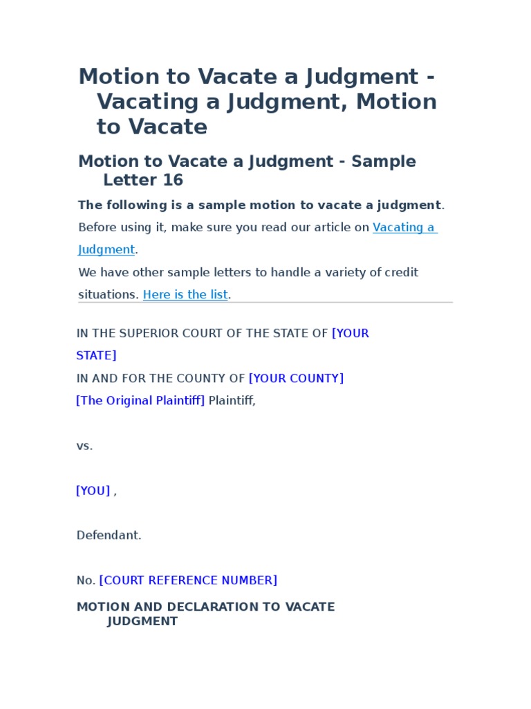 Sample Motion to Vacate Judgment | PDF | Law