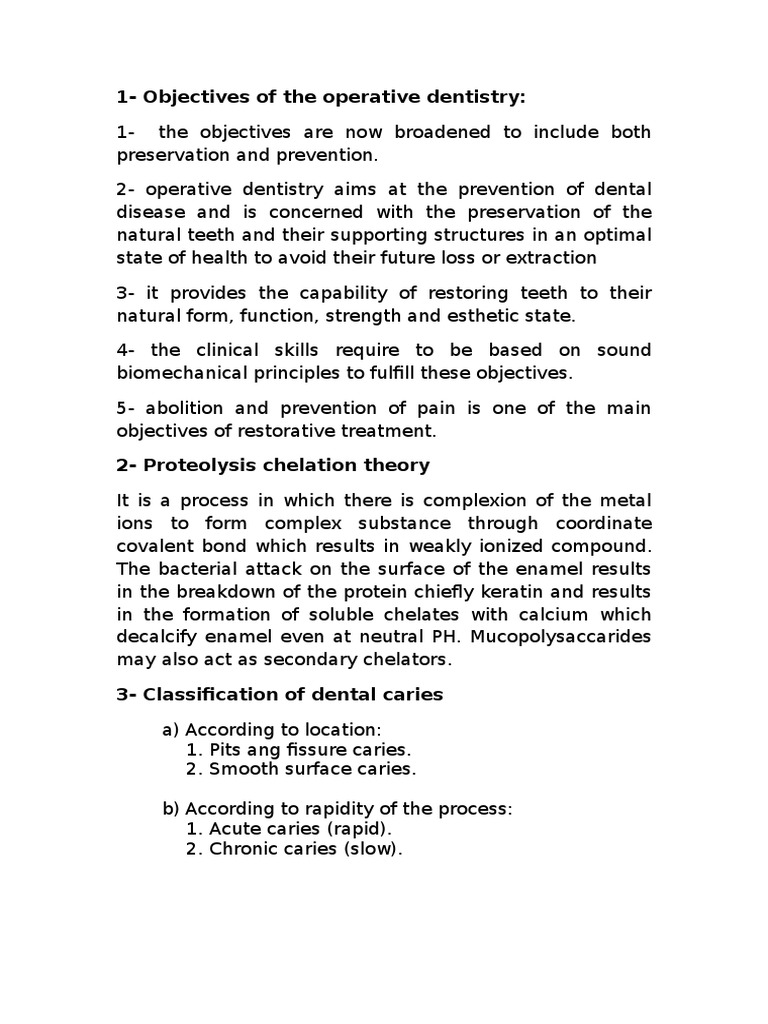 Objectives of The Operative Dentistry | PDF | Mouth | Dentistry