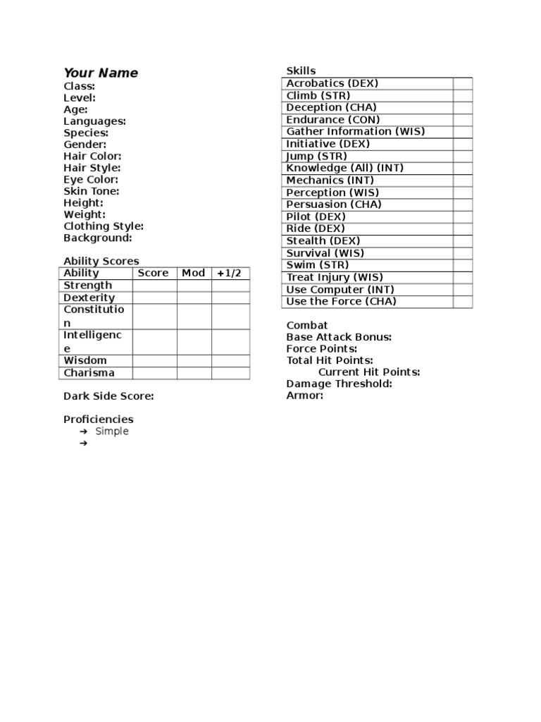 Star Wars: Saga Edition Character Template | PDF