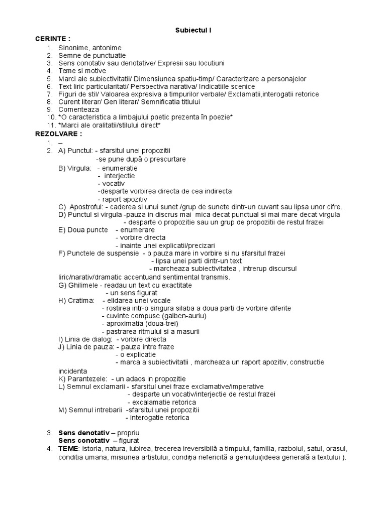Subiectul I romana Bac rezolvare