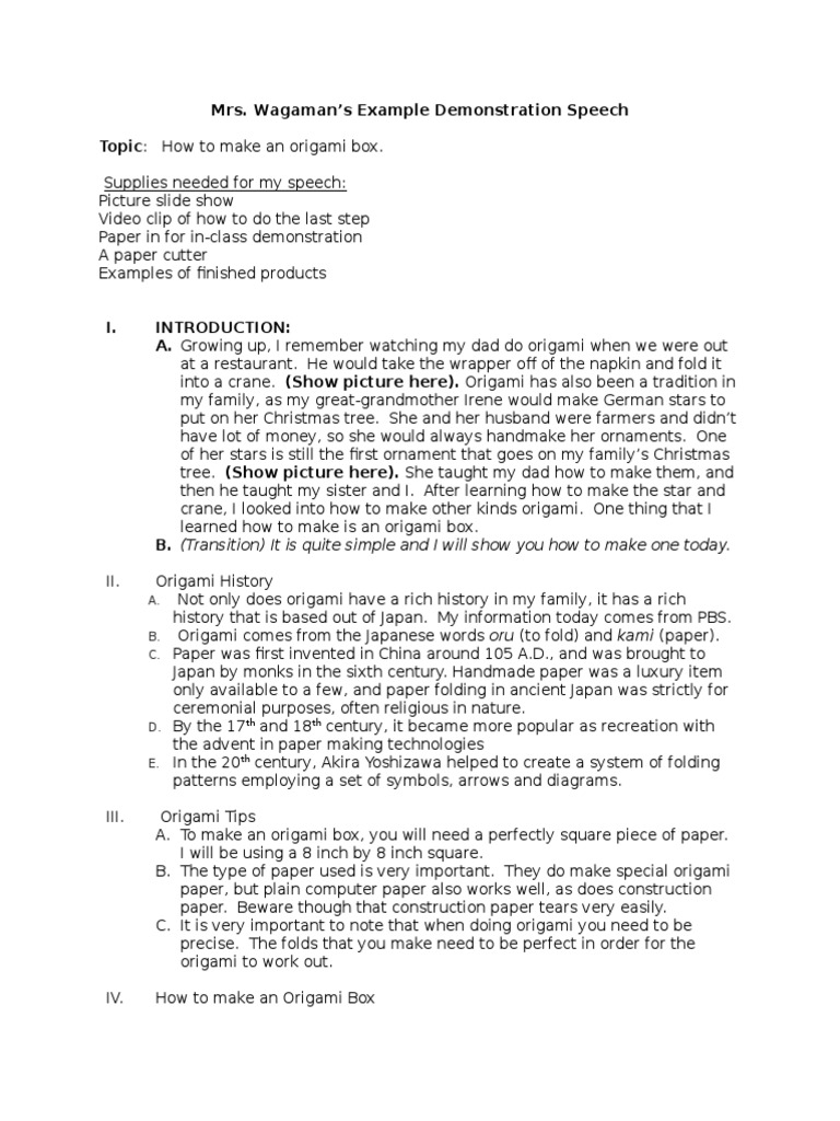 Demonstration Speech Sample Outline | Origami | Leisure