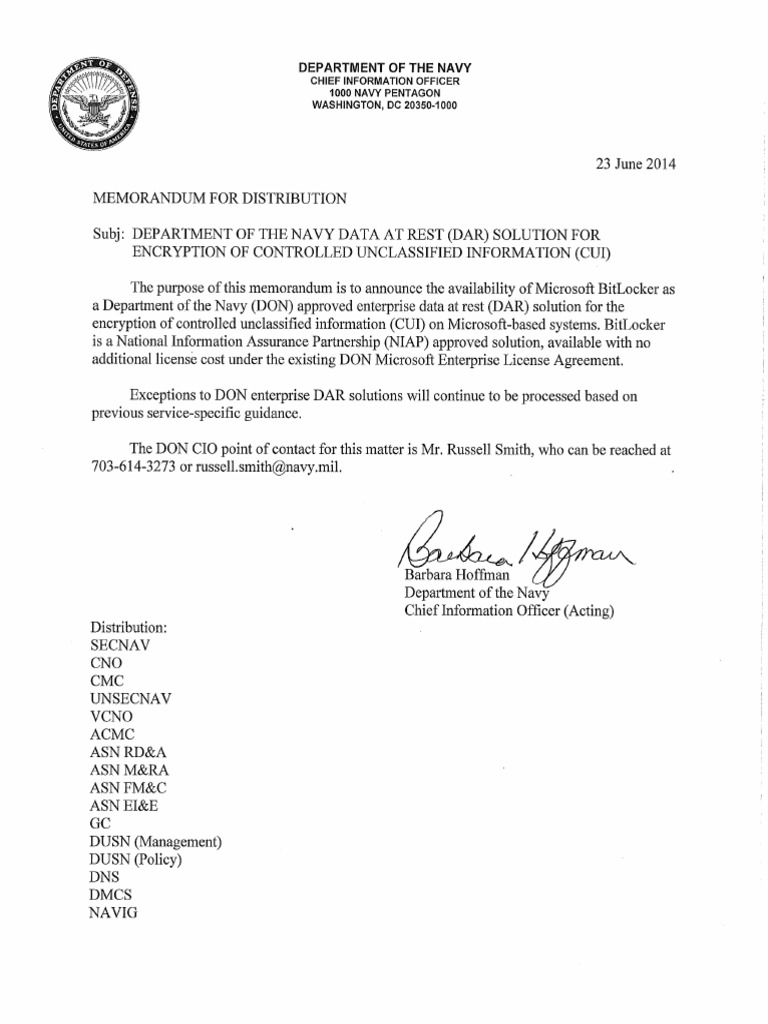 DON CIO Memo of 23 June 2014 - DON Data at Rest Solution For Encryption ...