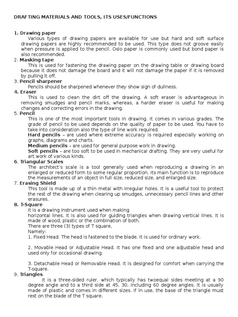 Drafting Materials And Tools Its Uses And Function