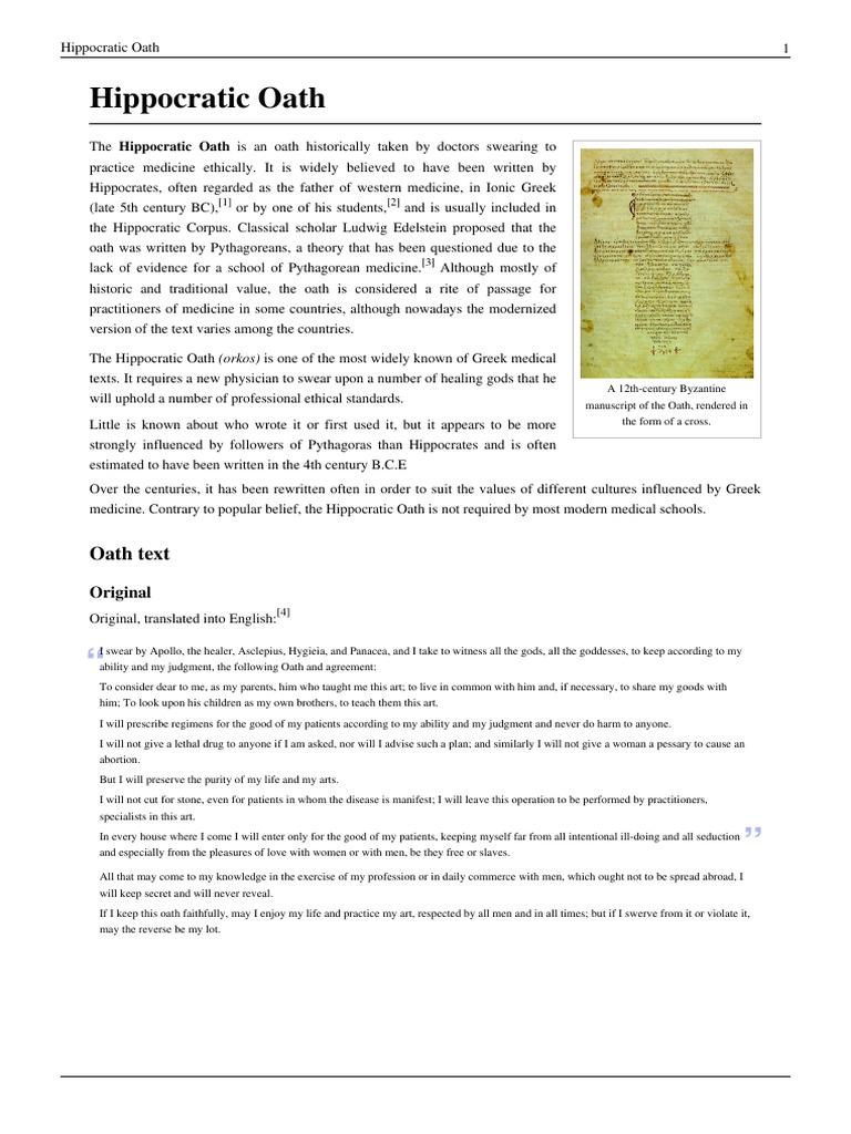 Hippocratic Oath | PDF | Health Sciences | Health Care