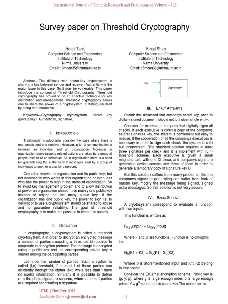 Survey Paper On Threshold Cryptography | PDF | Cryptography | Public ...