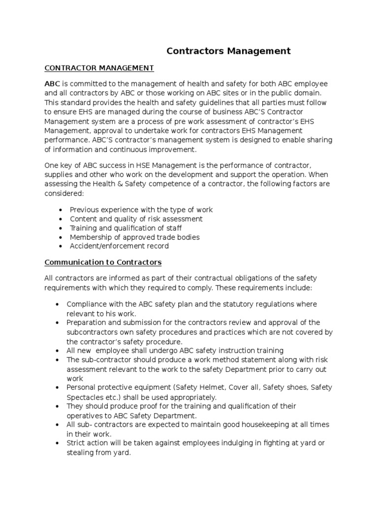 Contractor Management Procedure | Safety | Occupational Safety And ...