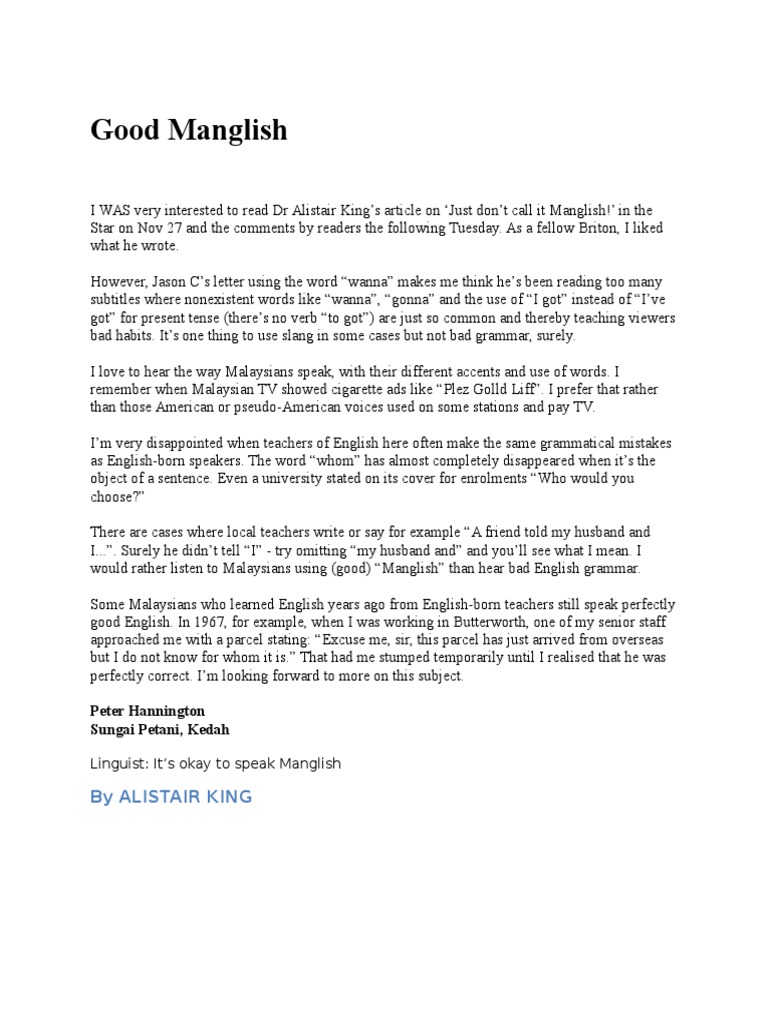 Good Manglish | PDF | English Language | Accent (Sociolinguistics)