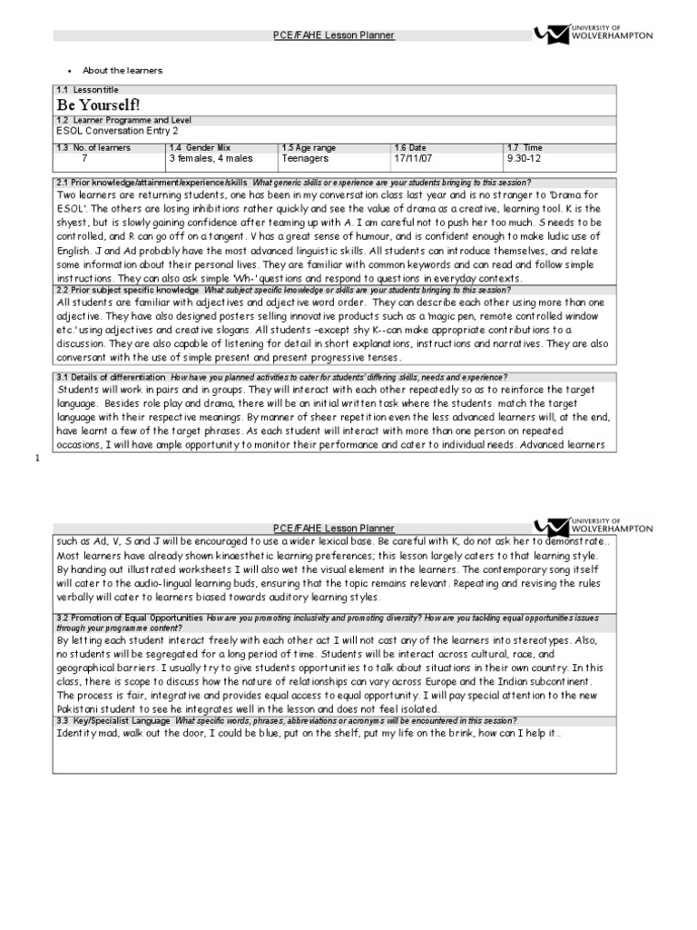 ESOL Lesson Plan: Be Yourself! | PDF | Constructivism (Philosophy Of ...