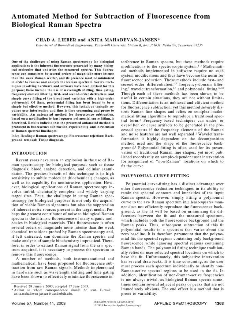 Automated Method For Subtraction of Fluorescence From Biological Raman Spectra | Download Free ...