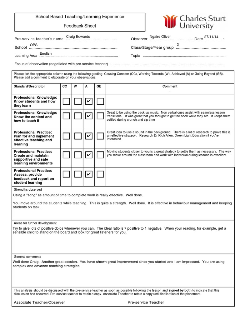 Teacher Observation Feedback Form | PDF