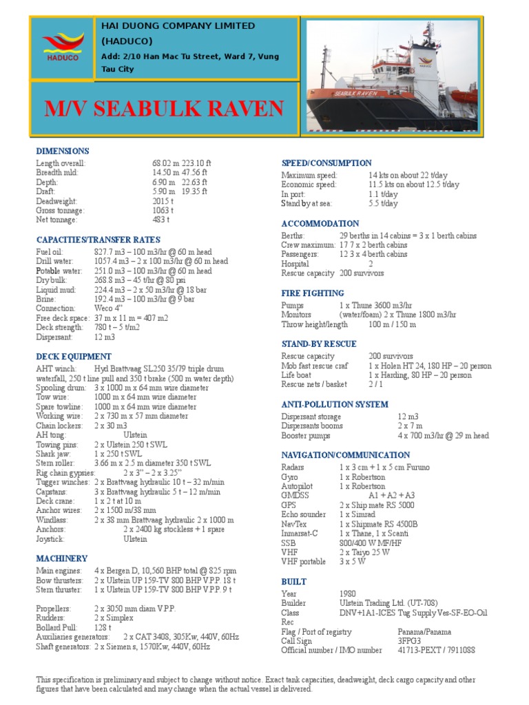HADUCO company profile and M/V SEABULK RAVEN specifications | PDF ...
